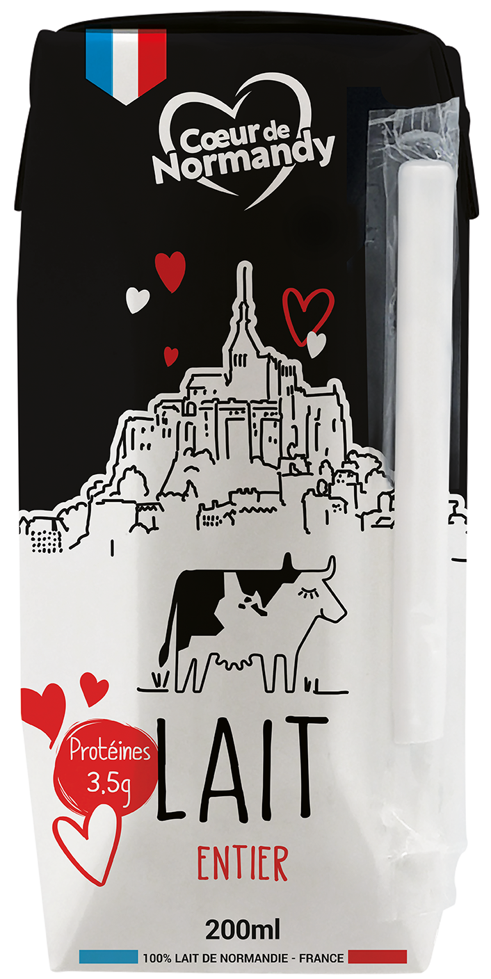 Gamme made in Normandy : lait, yaourt à boire ambiant, beurre et crème.